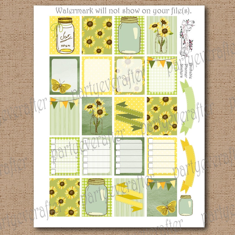 Sunflower Mason Jar Summer Printable Planner Stickers DIY Instant ...