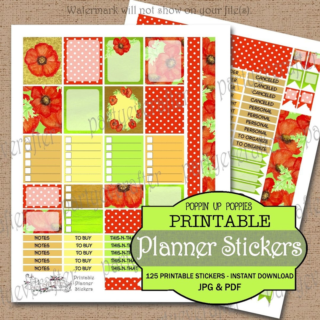 Printable Planner Stickers Instant Download Floral Poppy - Etsy