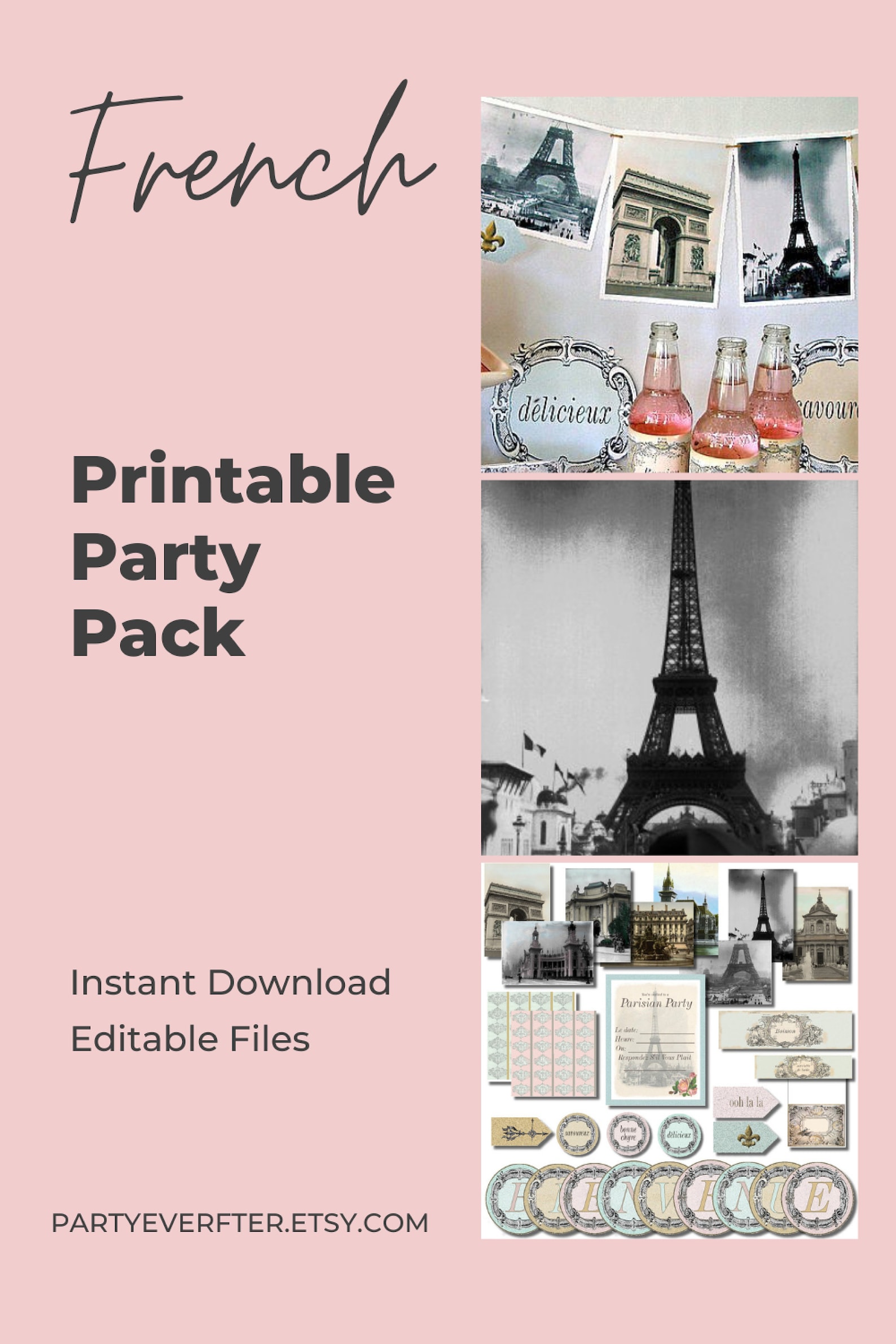 Parisian Printable Party Pack Kit, Instant Download Files, Editable ...