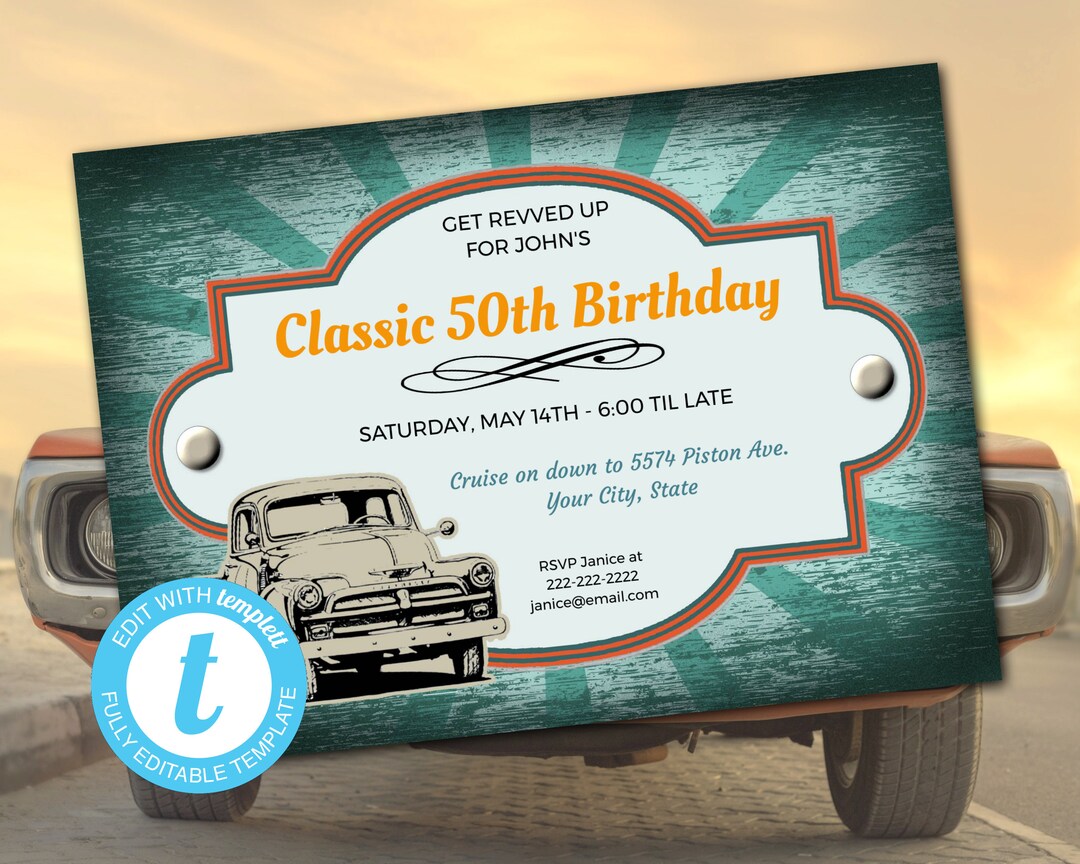Classic Car Party Invitation, Men's 50th Birthday, Vintge Car Birthday ...