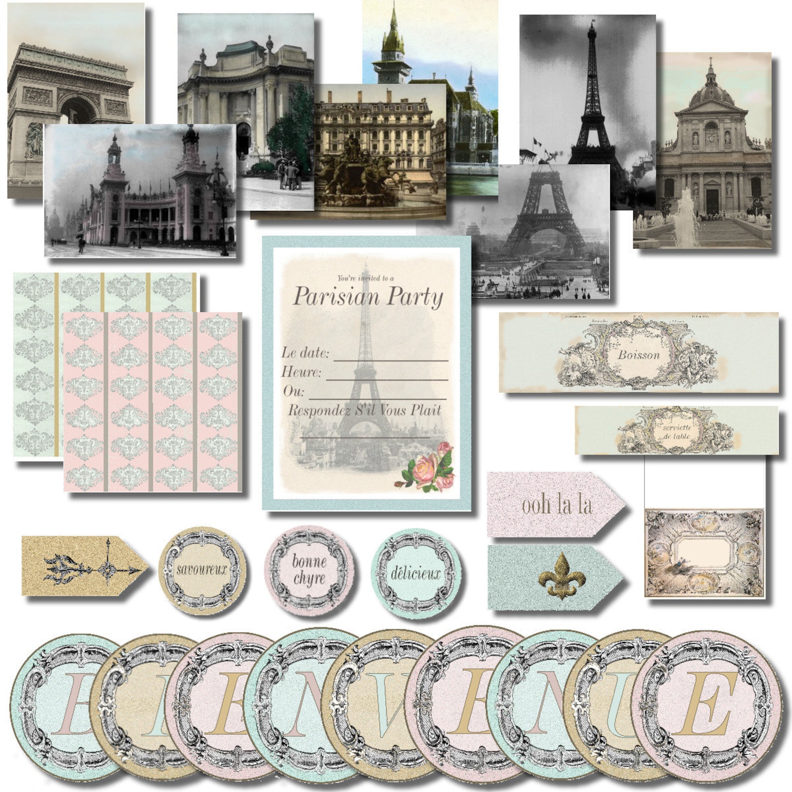 Parisian Printable Party Pack Kit, Instant Download Files, Editable ...