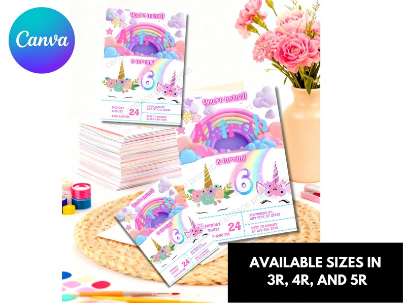 Unicorn Themed 6th Birthday Invitation Template: Pastel Rainbow, Canva ...