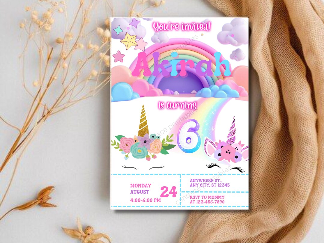 Unicorn Themed 6th Birthday Invitation Template: Pastel Rainbow, Canva ...