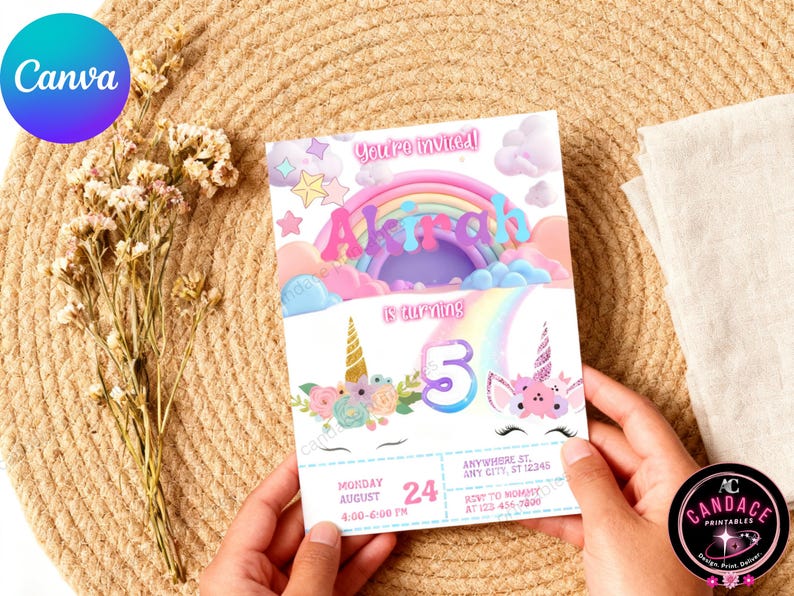 Unicorn Themed 5th Birthday Invitation Template: Pastel Rainbow ...