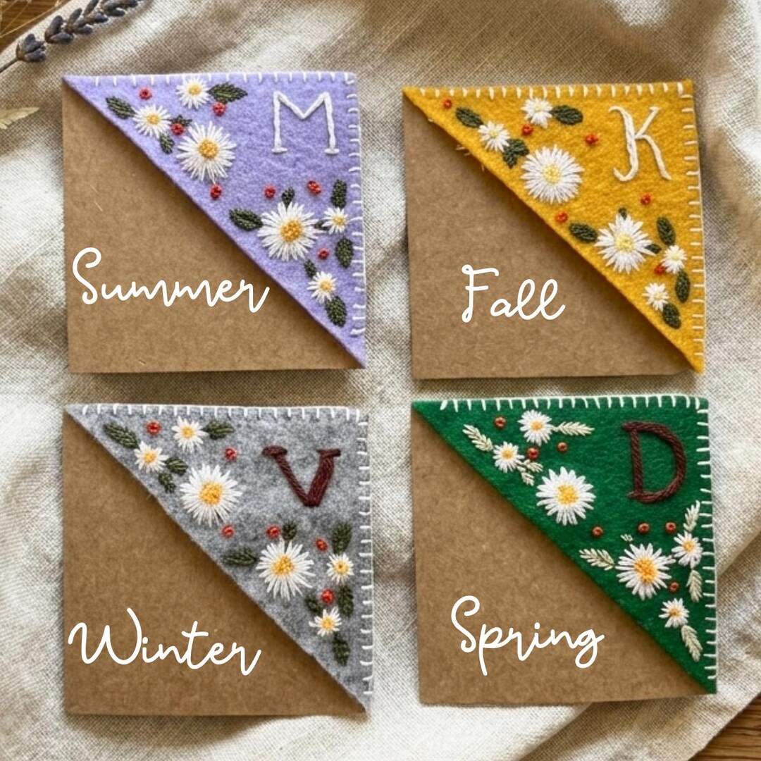 Custom Initial Hand Embroidered Corner Bookmark, Daisy Embroidered Felt ...