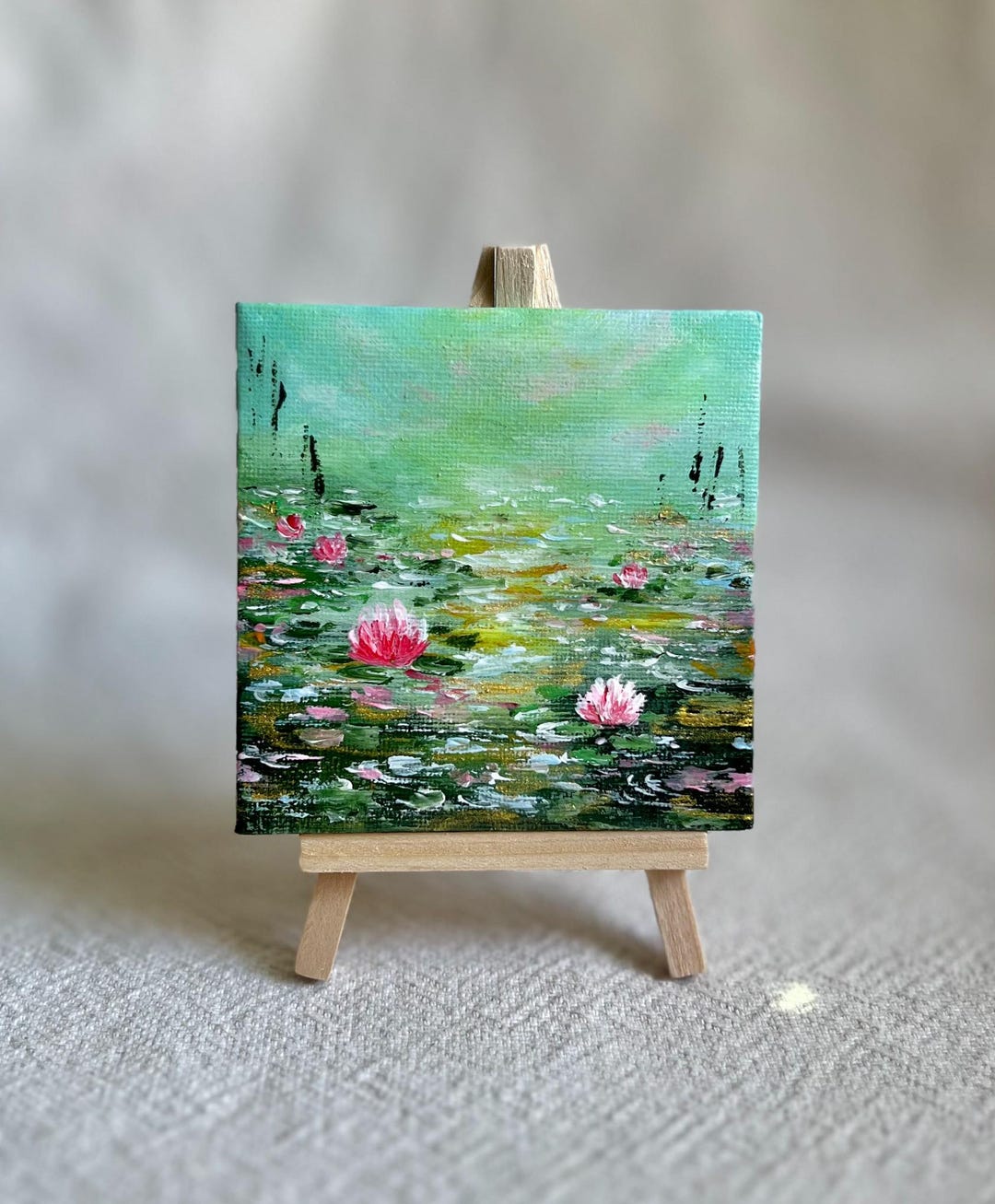 Mini Canvas 4x4 Original Acrylic Painting Water Lilies, Lily Pad Mini ...