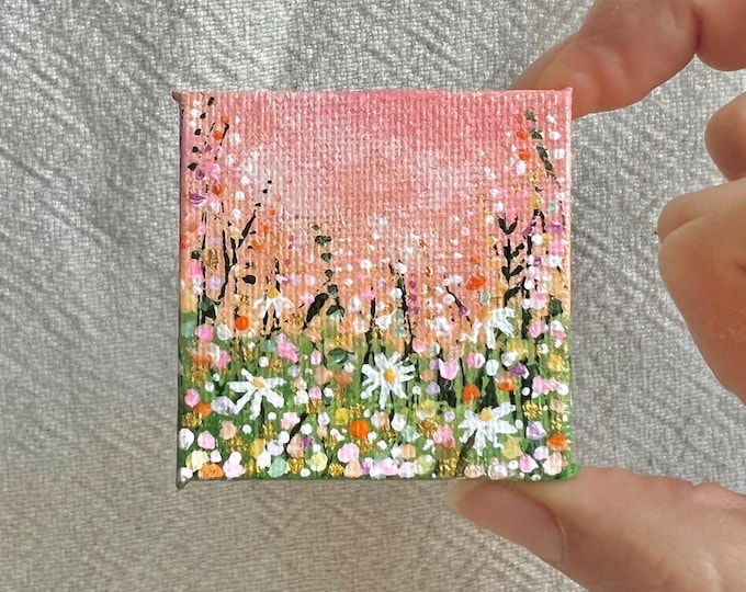 Mini Canvas Original Acrylic Art Abstract Flower Painting Pink, Blue ...