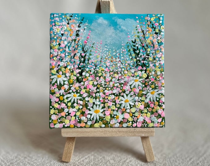 Mini Canvas 4x4 Original Acrylic Art with mini easel Abstract Daisy ...