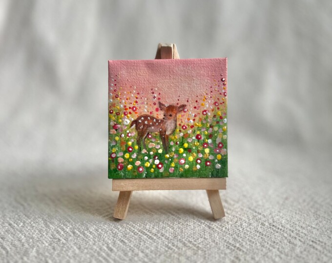 Mini Canvas 3x3 Original Acrylic Art With Mini Easel Bambi and Flower ...