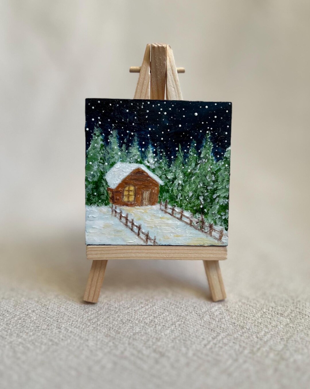 Mini Painting Wood Panel With Easel 3x3,mini Winter Night Cabin ...