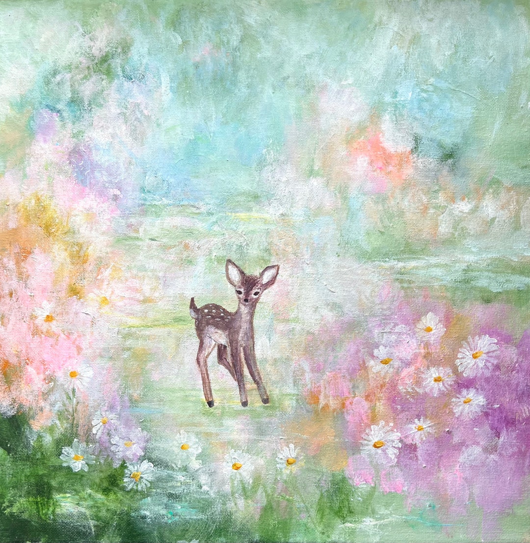Original Painting Bambi With Daisy Flower 14x14 Wall Art - Etsy