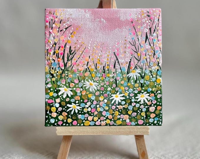 Mini Canvas 4x4 Original Acrylic Art With Mini Easel Abstract Daisy ...