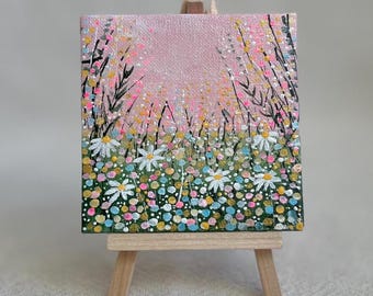 Mini Canvas 4x4 Original Acrylic Art With Mini Easel Abstract Daisy ...