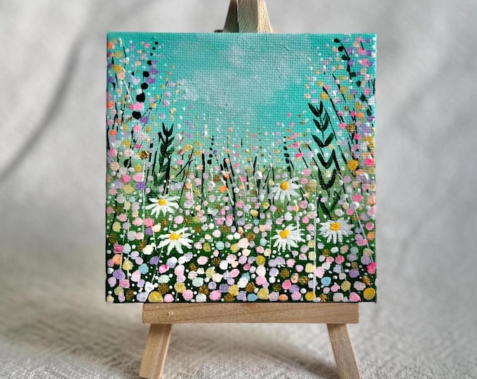 Mini Canvas 4x4 Original Acrylic Art With Mini Easel Abstract Daisy ...