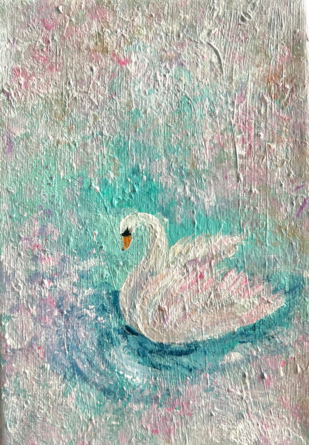 Original Canvas Mini Painting, Pastel Color Swan Painting Pink Blue ...