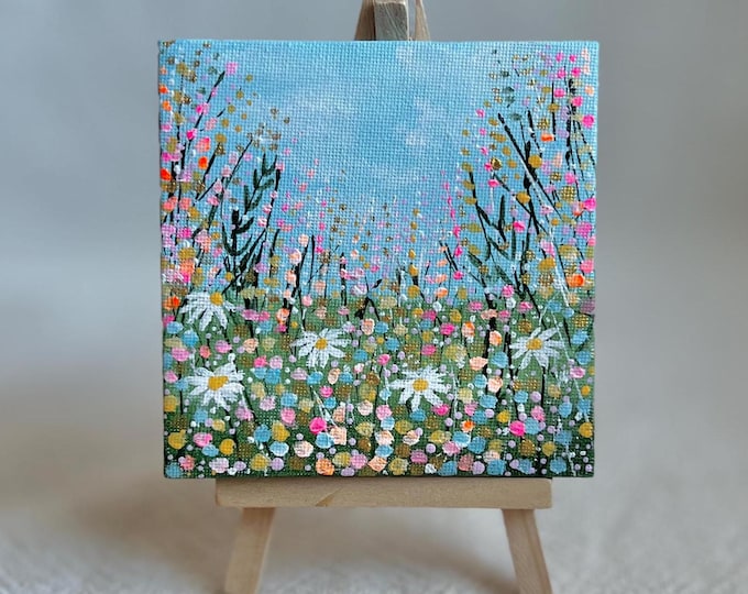 Mini Canvas 4x4 Original Acrylic Art With Mini Easel Abstract Daisy ...