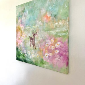 Original Painting Bambi With Daisy Flower 14x14 Wall Art - Etsy