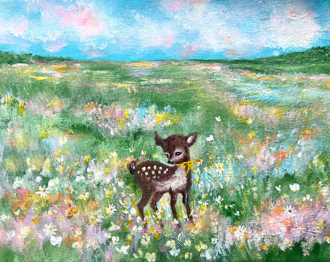 Original Abstract Landscape Flower Field With Bambi Painting 8x10 ...