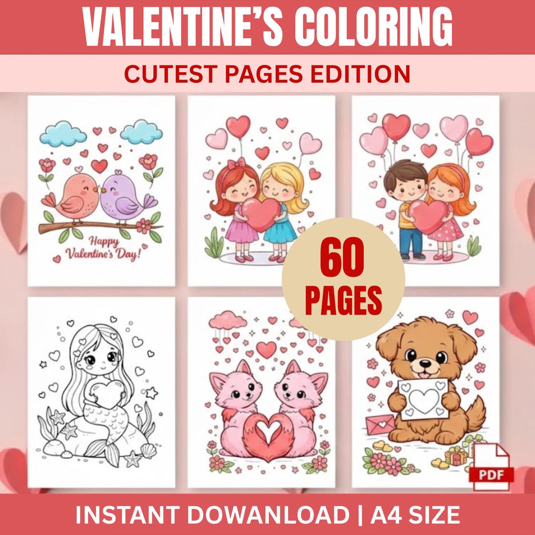 Valentine's Day Coloring Book | 60 Kids' Printable Pages (PDF Pattern ...