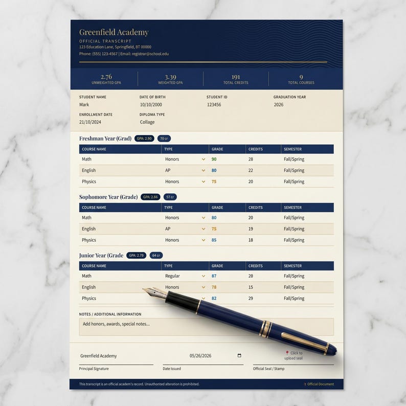 Editable Academic Transcript Template | Fillable Student Transcript ...