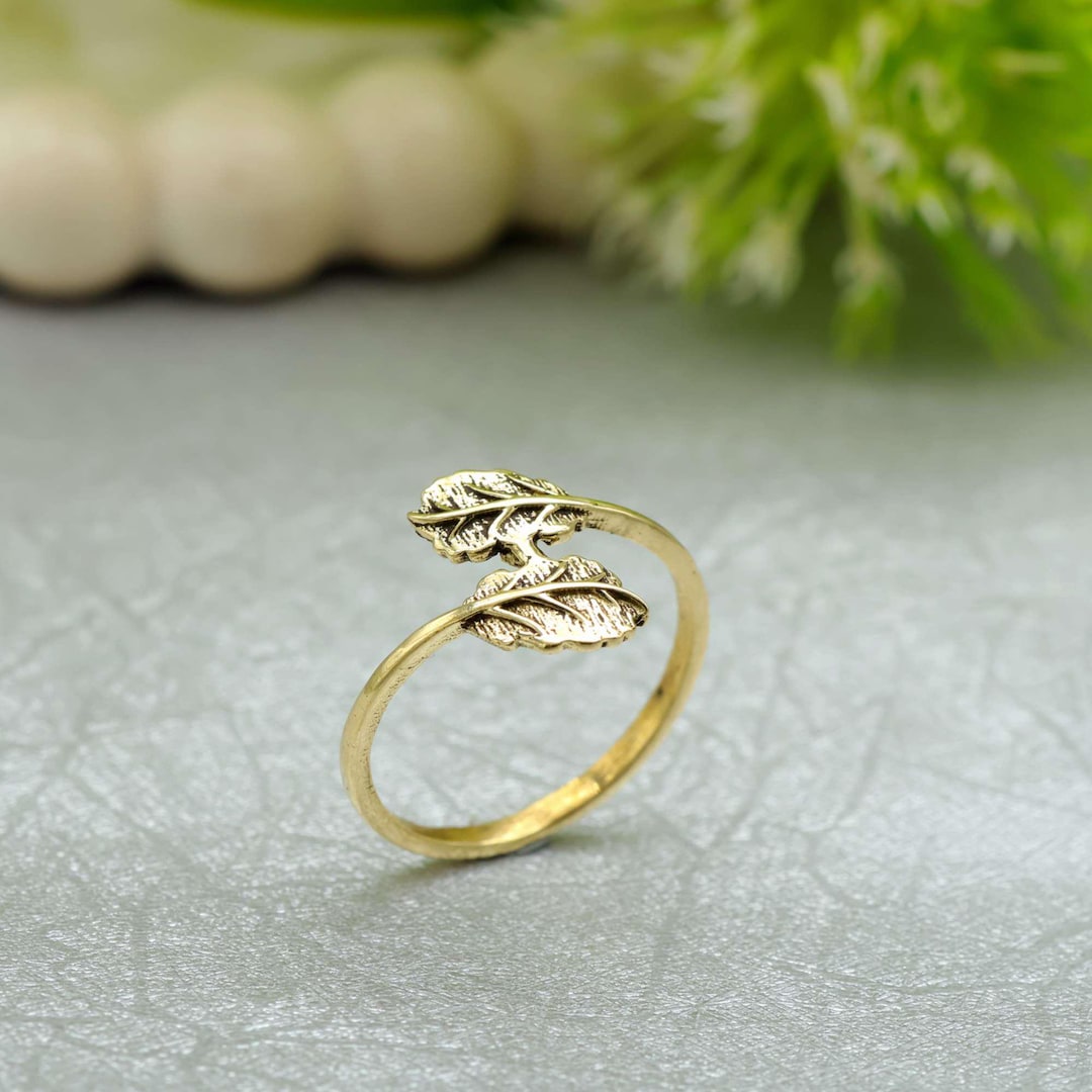 Brass Leaf Wrap Ring, Gold Tone Nature Inspired Ring, Adjustable Open ...