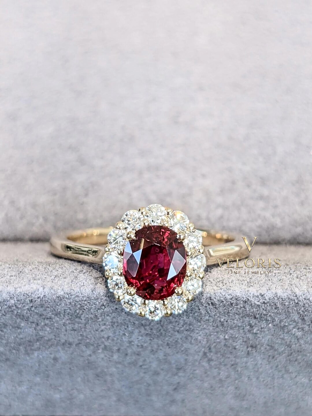 Oval Ruby Halo Engagement Ring, Diamond Accents, Vintage Gold Wedding ...