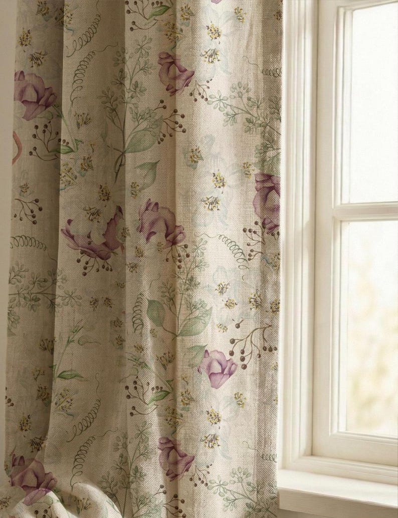 Vintage Flowers Linen Curtain: Farmhouse Purple Floral Drapes - Etsy UK