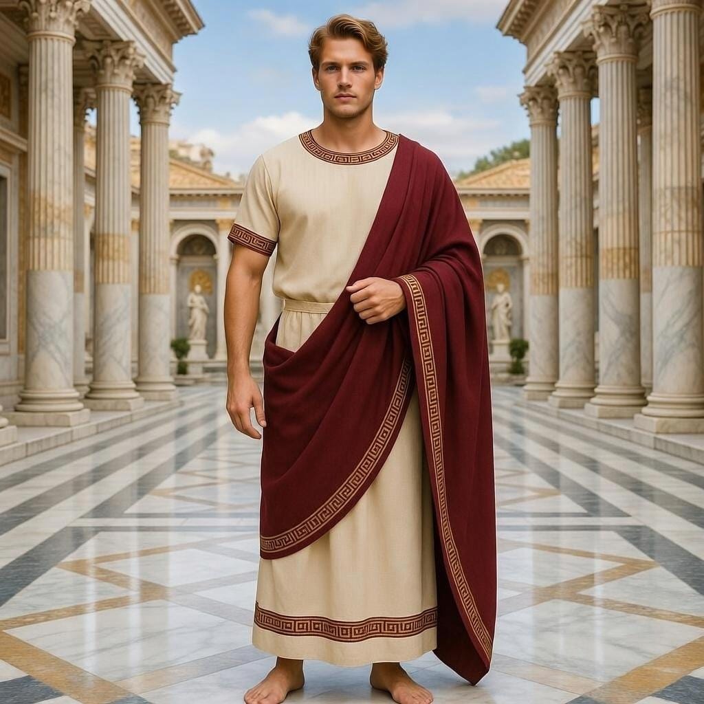 Men’s Ancient Roman Tunic Costume – Cotton Greek Toga Outfit With Red ...