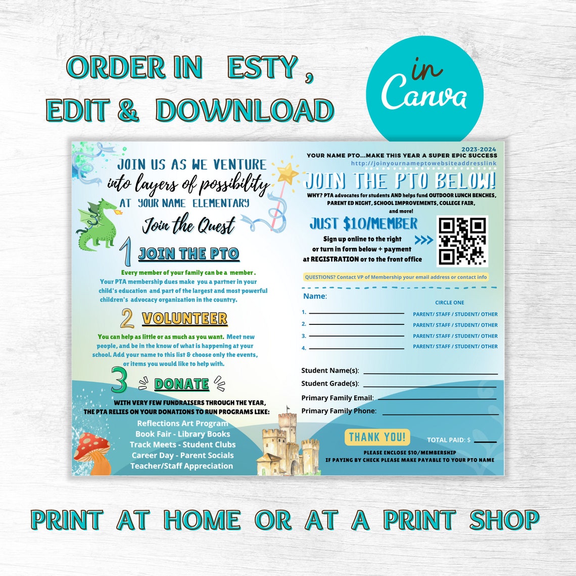 PTO Membership Flyer Editable PTA Form, Fairytale Story Enchantment ...