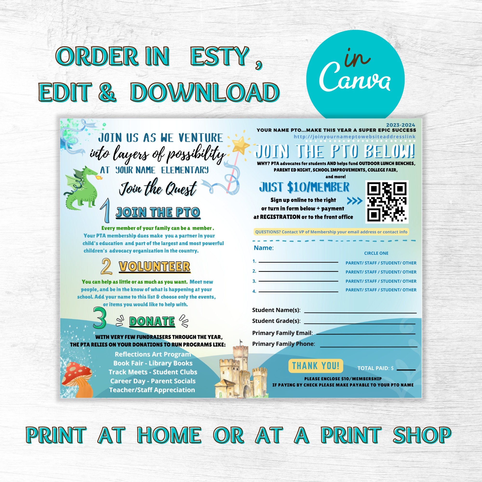 PTO Membership Flyer Editable PTA Form, Fairytale Story Enchantment ...