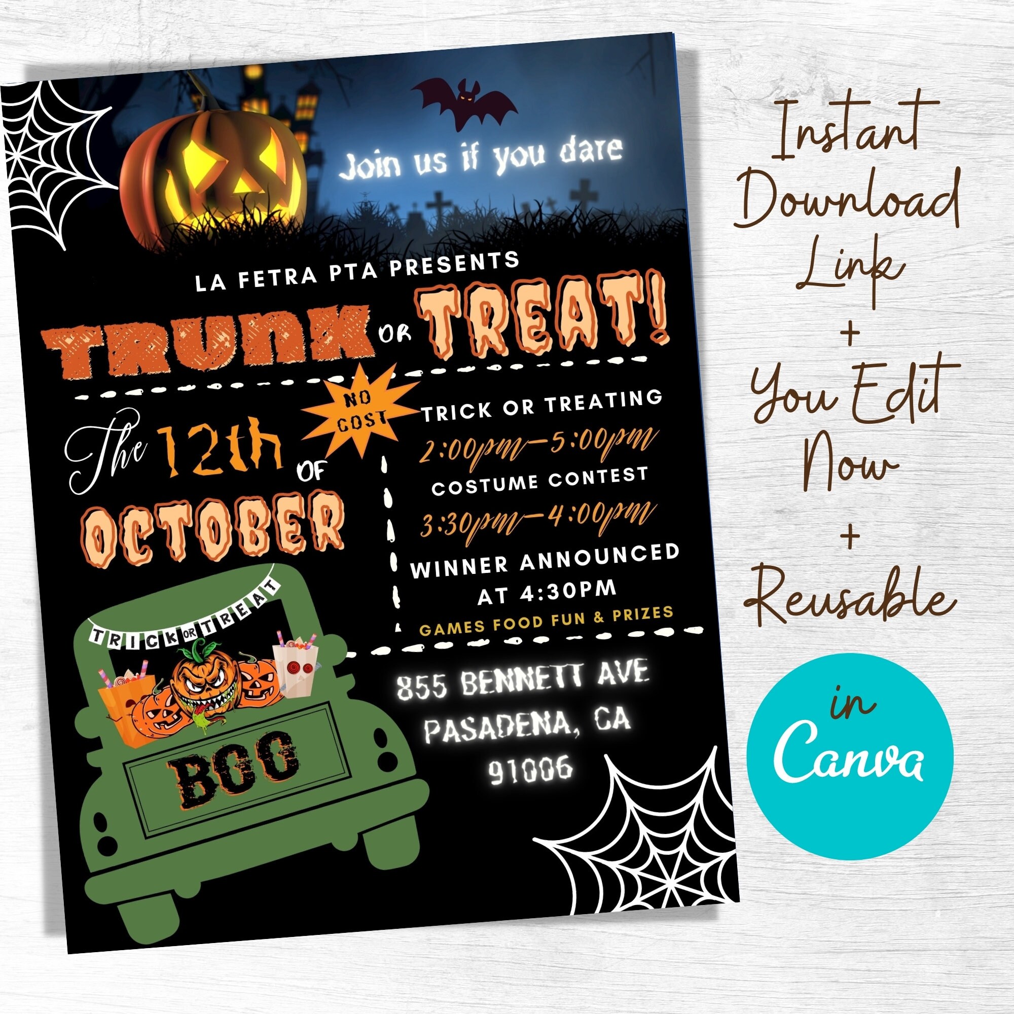 PTA PTO Trunk or Treat Editable Flyer, Halloween Template Theme Ready ...