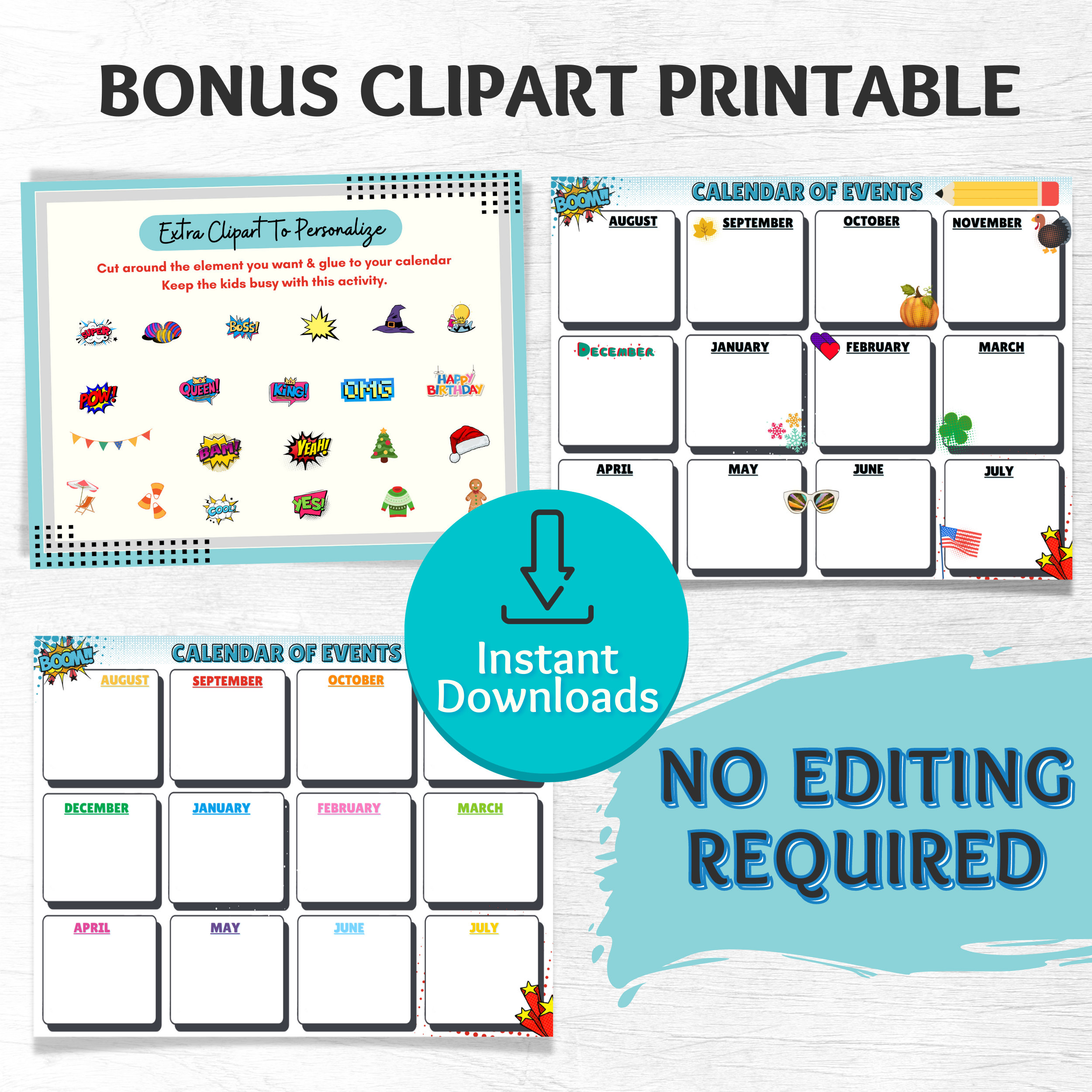 Kids Yearly Calendar Printable, Printable Calendars, Undated School ...