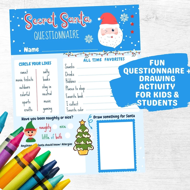 Secret Santa Questionnaire for Kids Printable, Christmas Gift Exchange ...