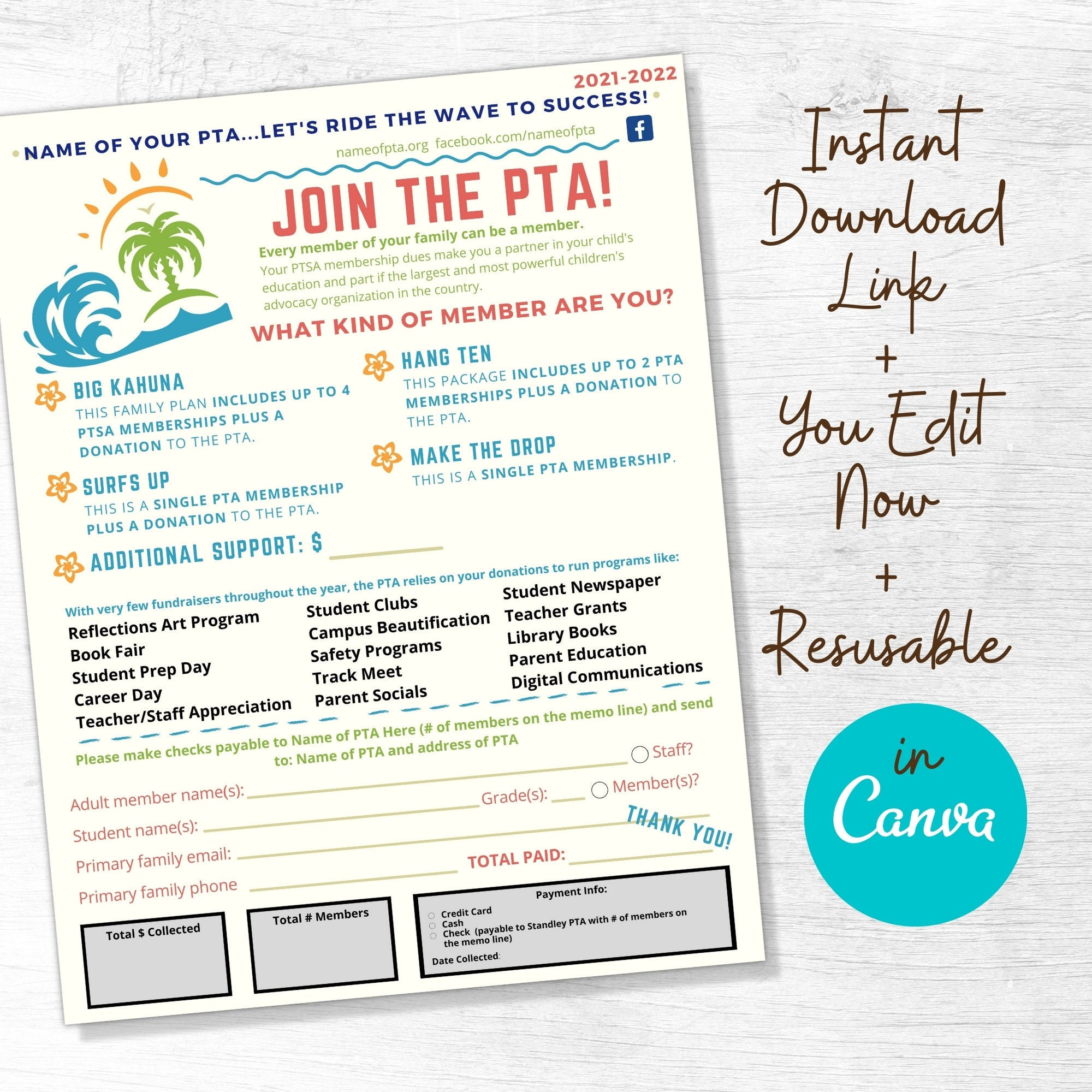 PTA PTO Membership Flyer Editable Form, Summer Success Theme Ready ...
