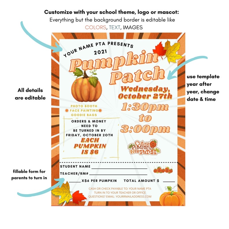 PTA PTO Pumpkin Patch Flyer Editable Form, Harvest Festival Theme Ready ...