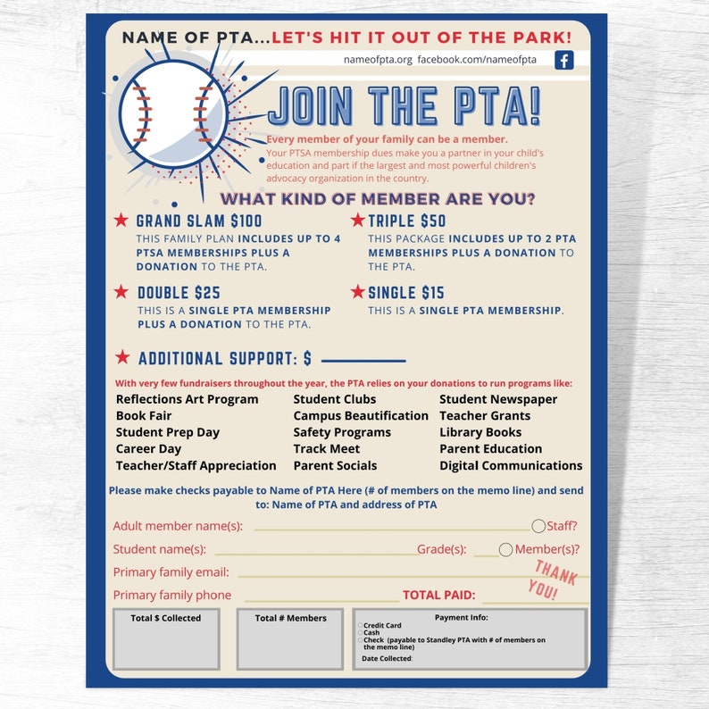 PTA PTO Membership Flyer Editable Form, Hit It Out of the Park Theme ...