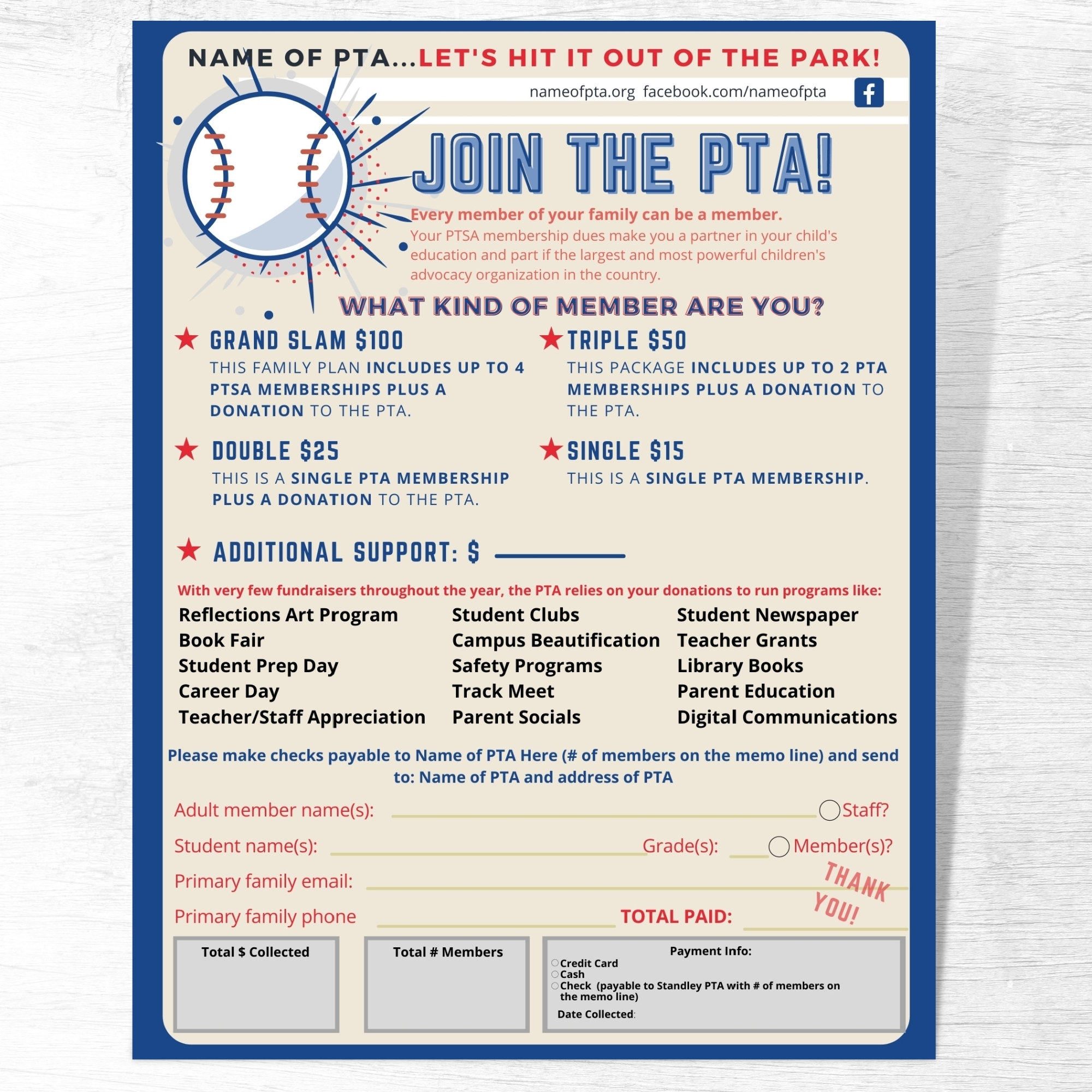 PTA PTO Membership Flyer Editable Form, Hit It Out of the Park Theme ...