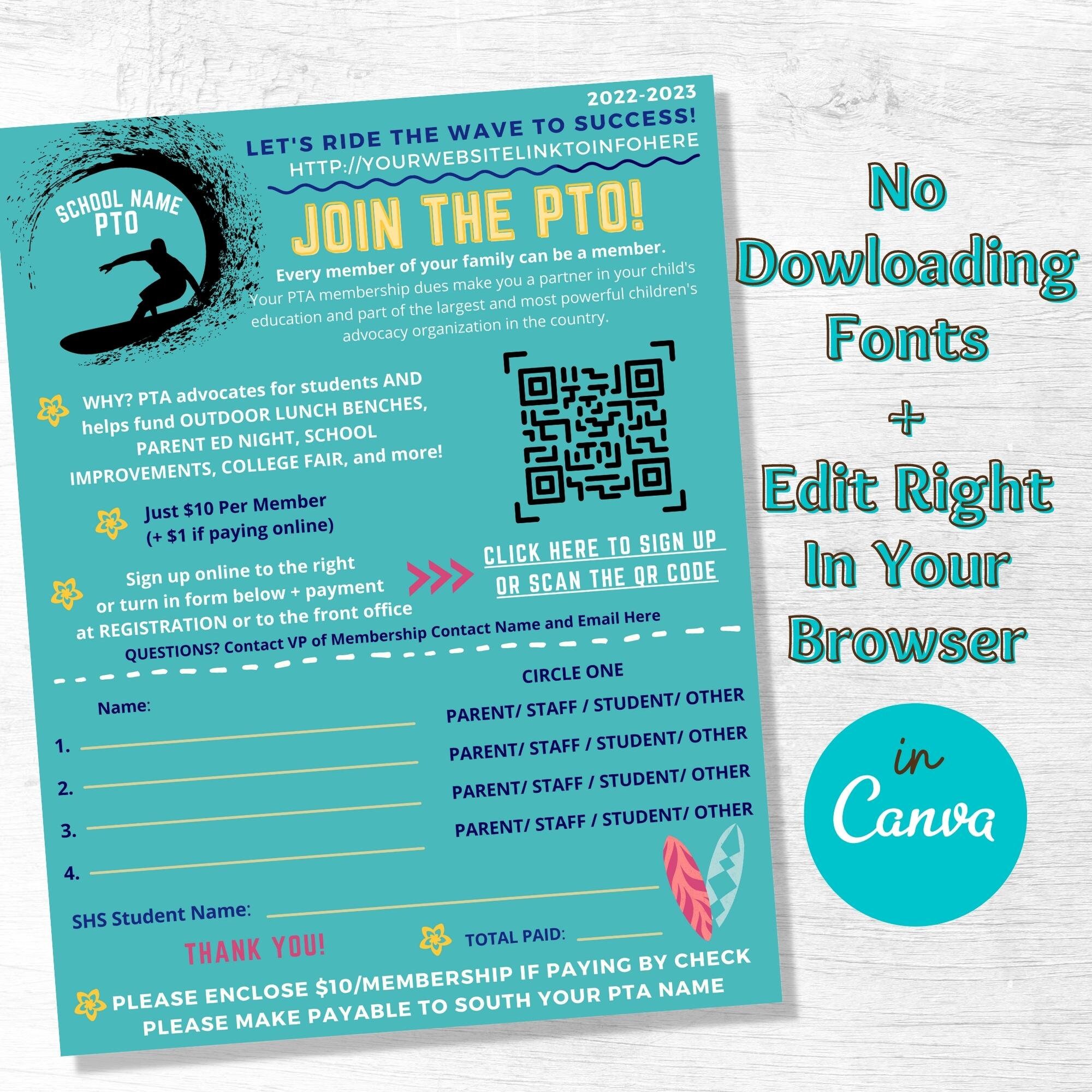 PTA Membership Form Template, PTO Membership, Editable Printable ...