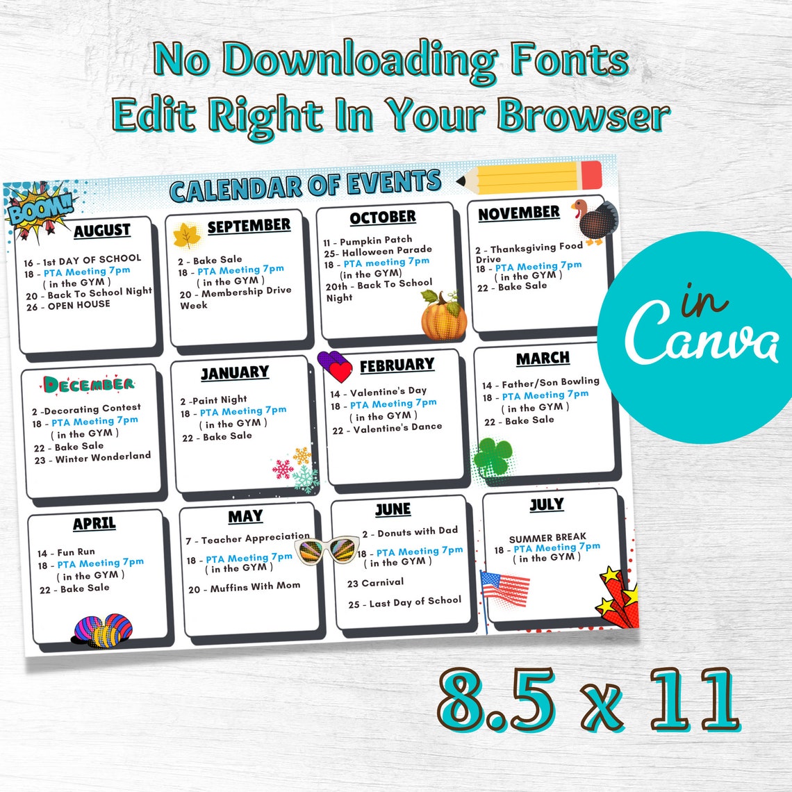 Editable Yearly PTO PTA Printable Calendars, Back to School, Undated ...