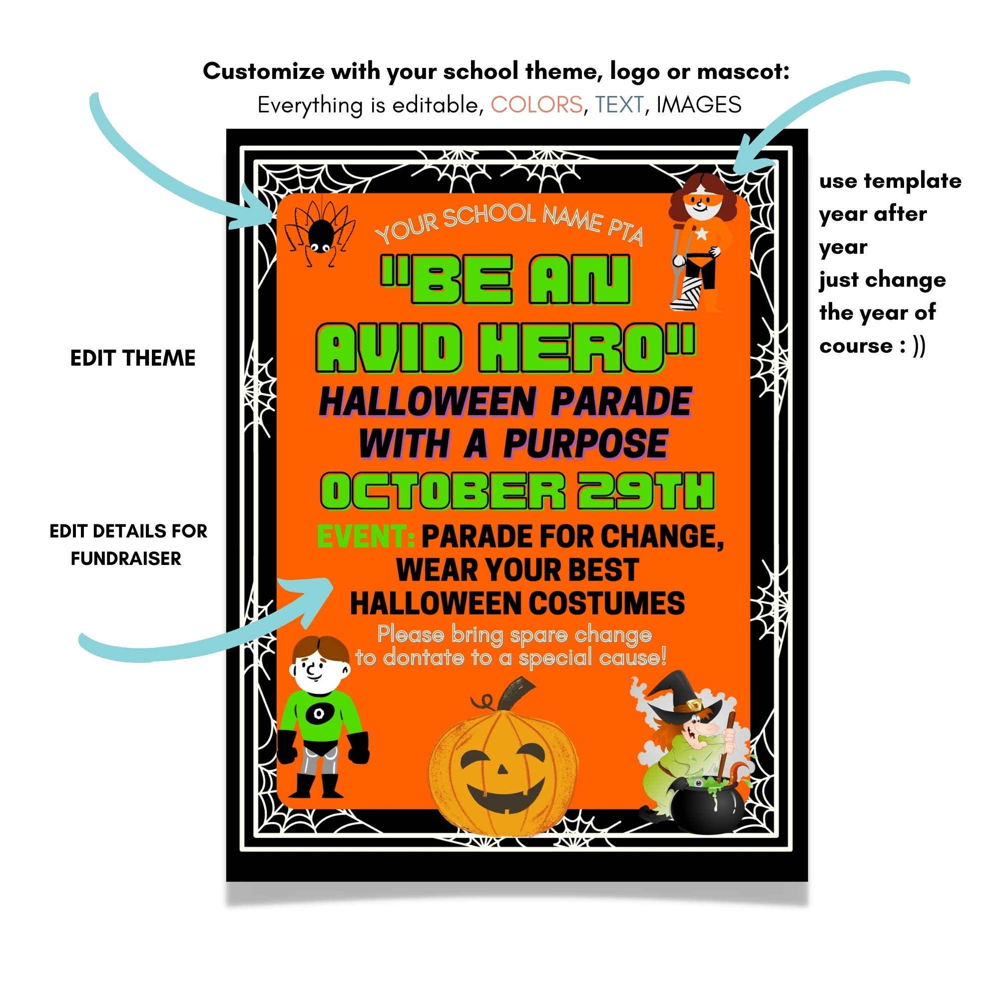 PTA PTO Halloween School Parade Flyer Editable Form, Parade With A ...