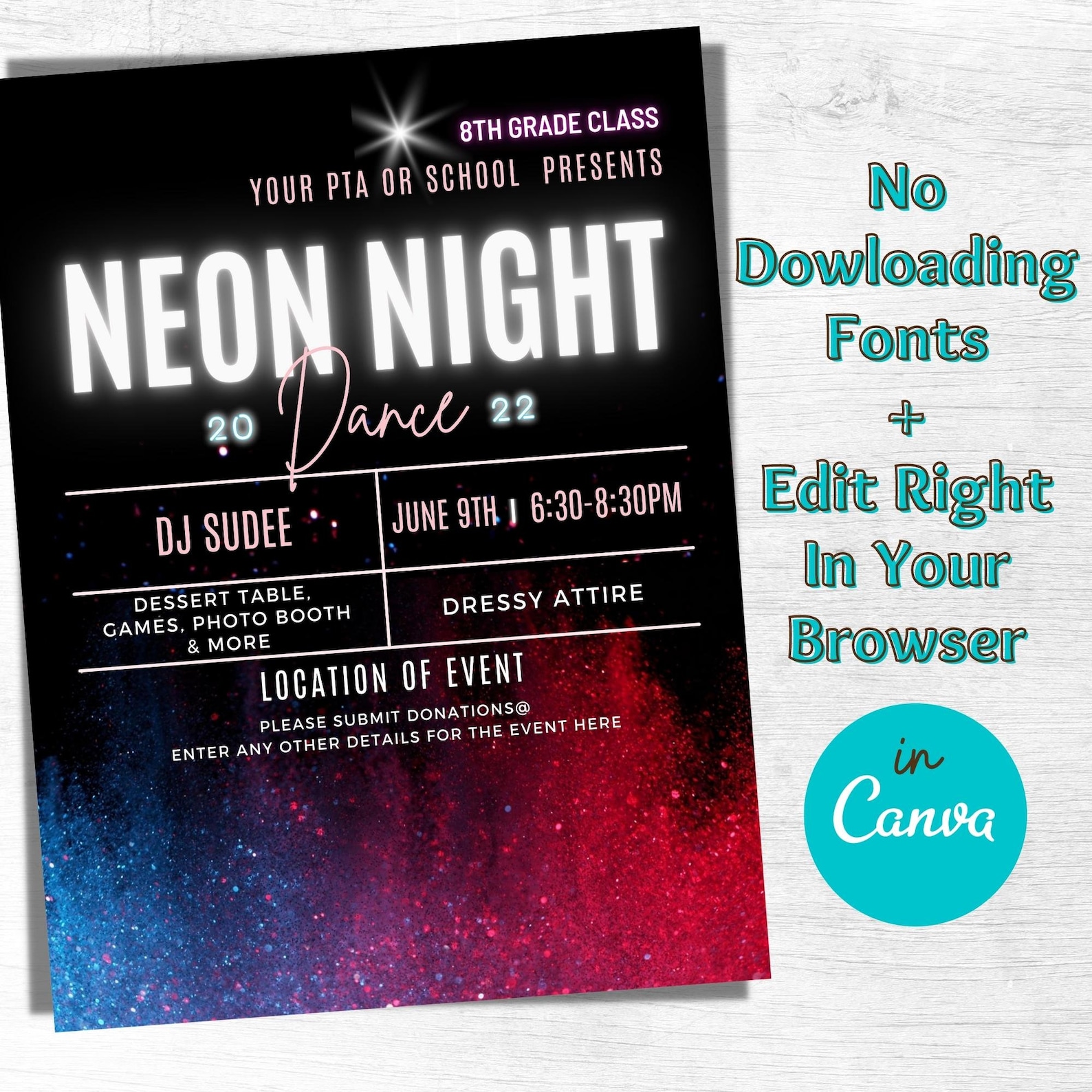 PTA PTO School 8th Grade Dance Flyer, Neon Night Glow Event, Theme ...