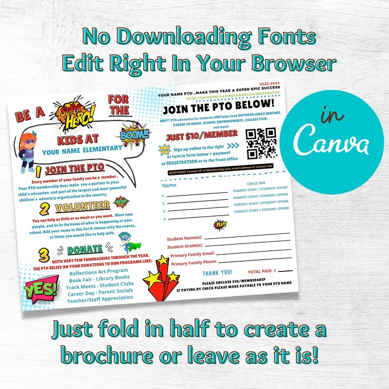 PTO Membership Flyer Editable PTA Form, Super Hero Theme Ready ...