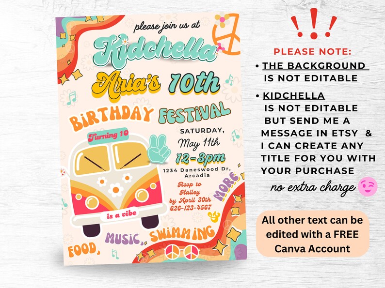 Editable Any Age Retro Groovy Peace Festival Birthday Invitation, Peace ...