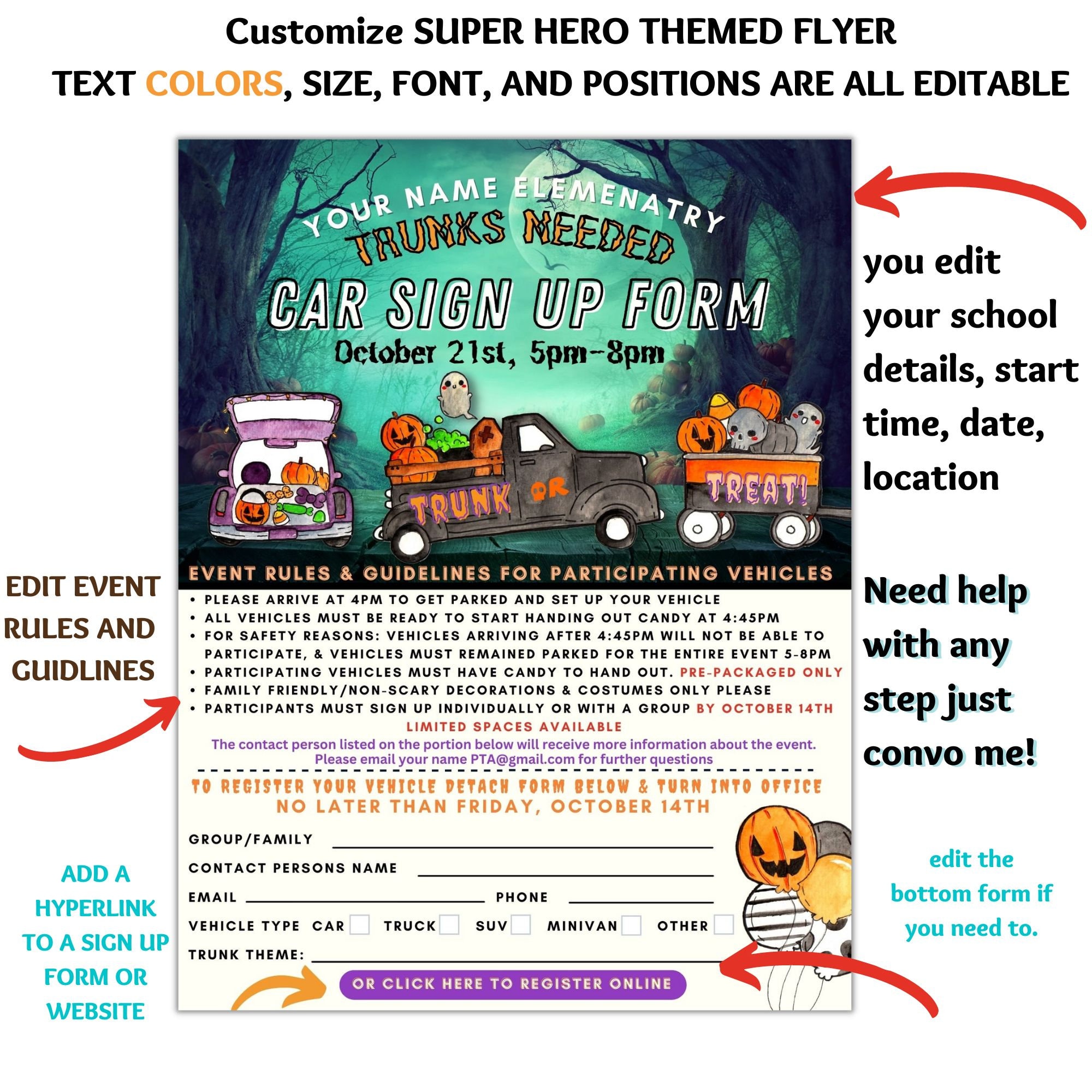 Editable Trunk or Treat Car Sign up Registration Form, PTA PTO ...