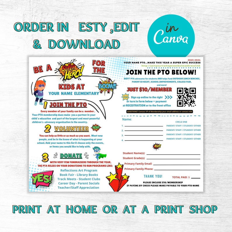 PTO Membership Flyer Editable PTA Form, Super Hero Theme Ready ...