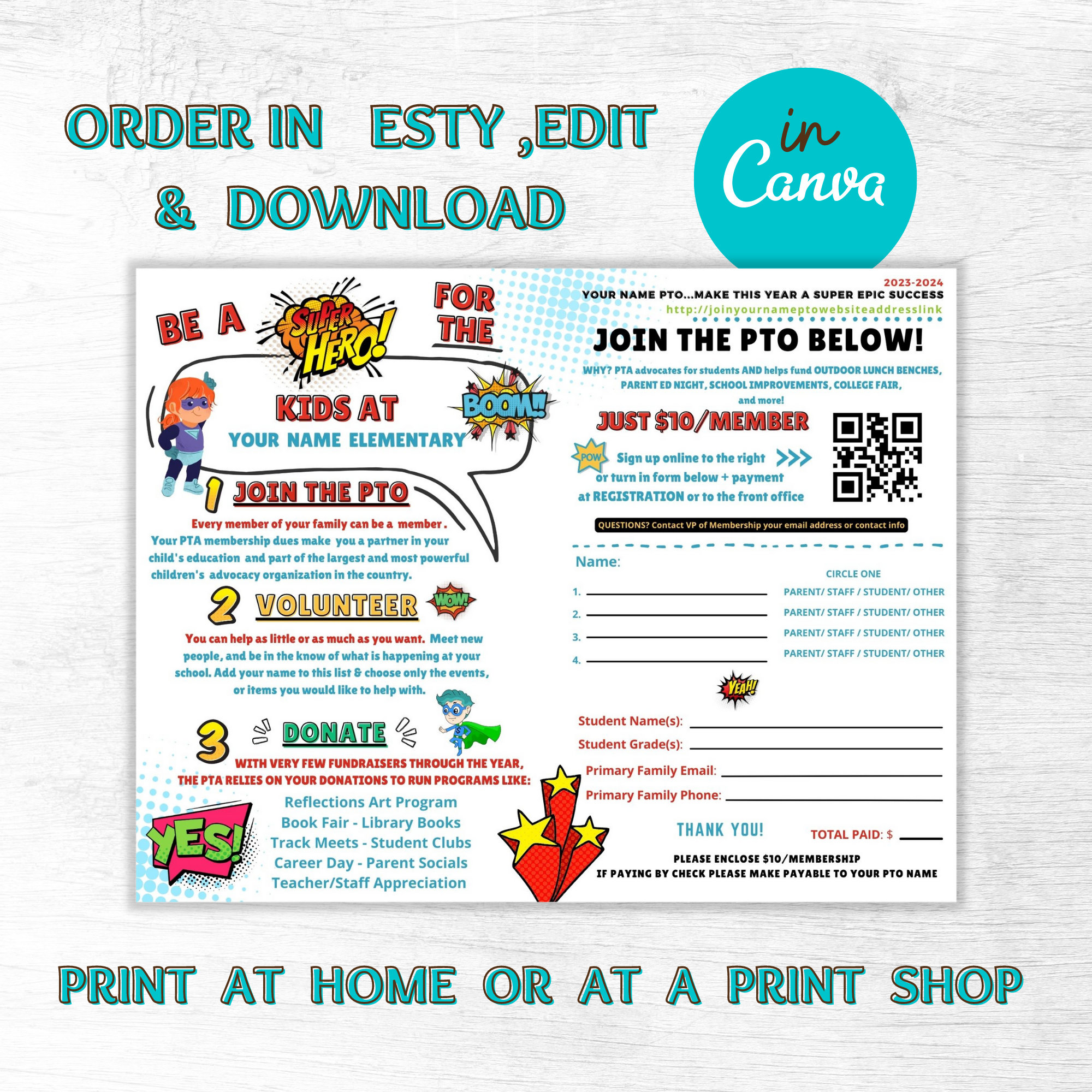 PTO Membership Flyer Editable PTA Form, Super Hero Theme Ready ...