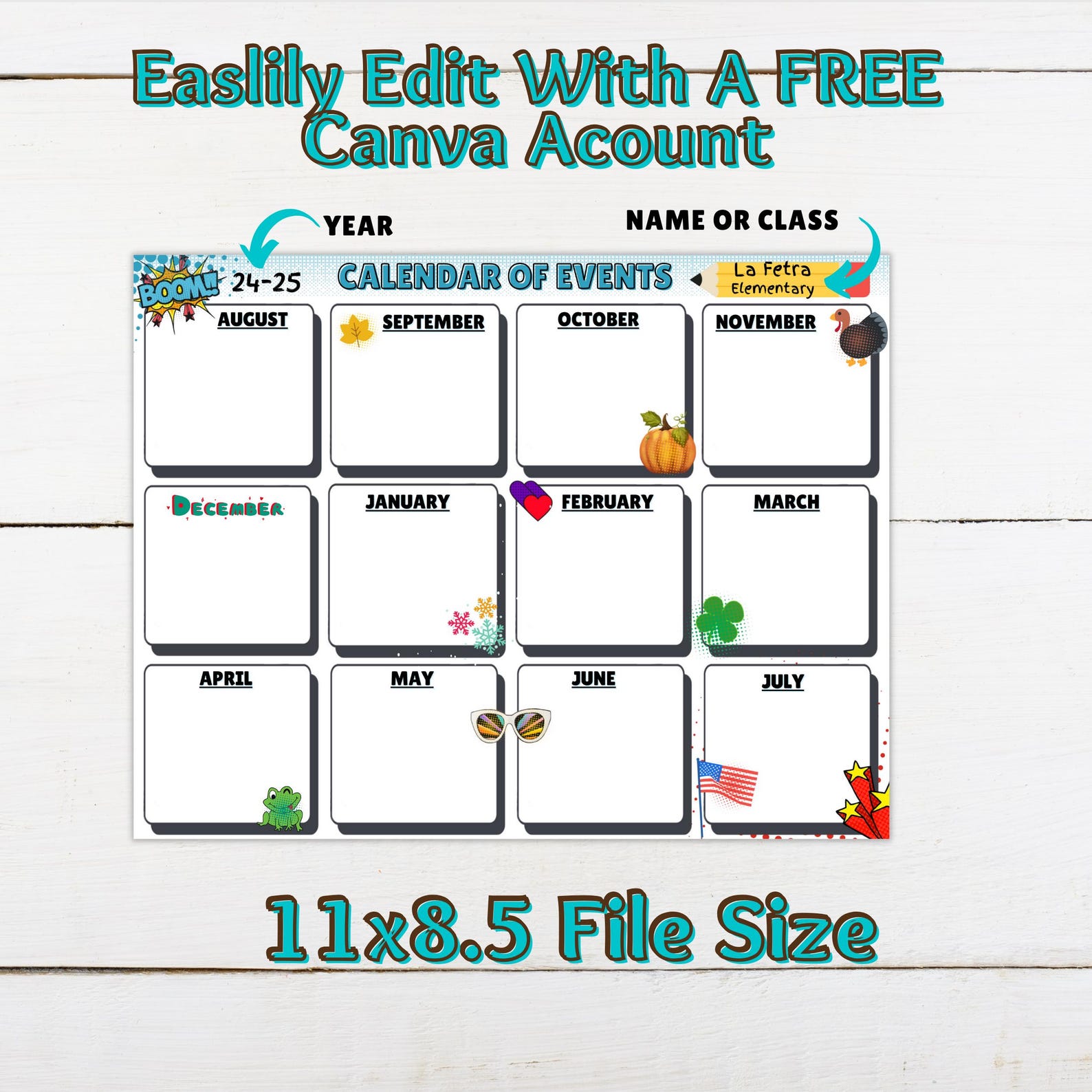 Editable Yearly PTO PTA Printable Calendars, Back to School, Undated ...