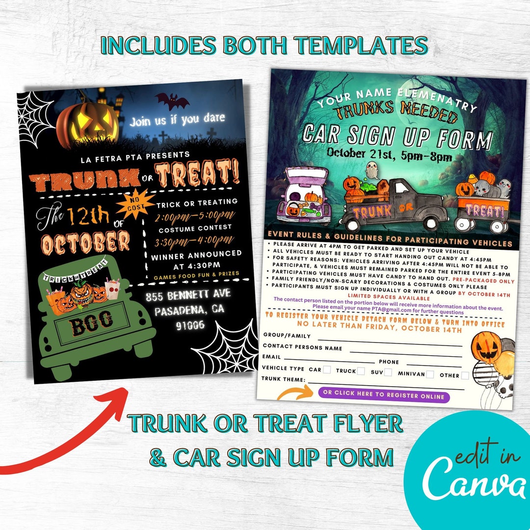 PTA/PTO Editable Trunk or Treat Flyer and Car Registration Form Sign Up ...