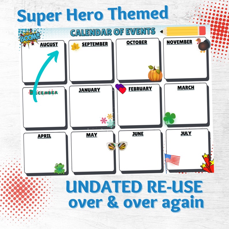 Kids Yearly Calendar Printable, Printable Calendars, Undated School ...