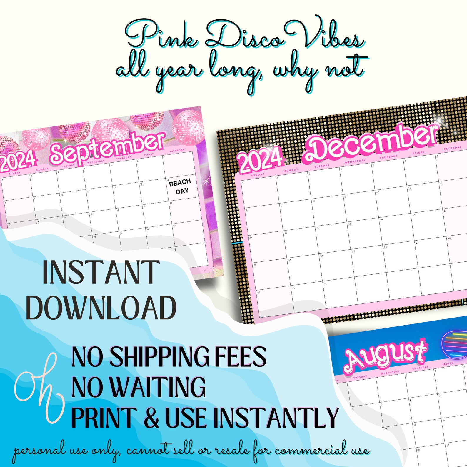 2024 Printable Pink Disco Monthly Calendar Bundle, Wall Printable ...